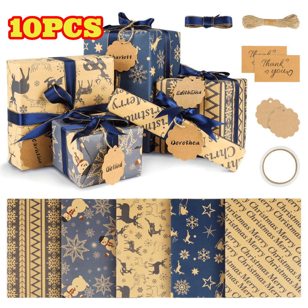 10 Sheets Gift Wrapping Paper, 50 x 76 cm Kraft Paper with 5 m Ribbon ...