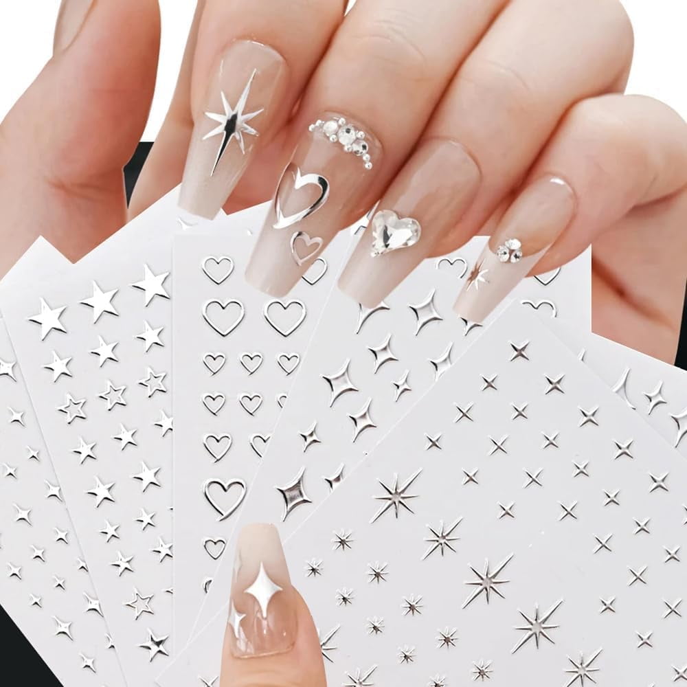 10 Sheets Heart Star Nail Art Stickers Glitter Nail Decals 3D Self ...