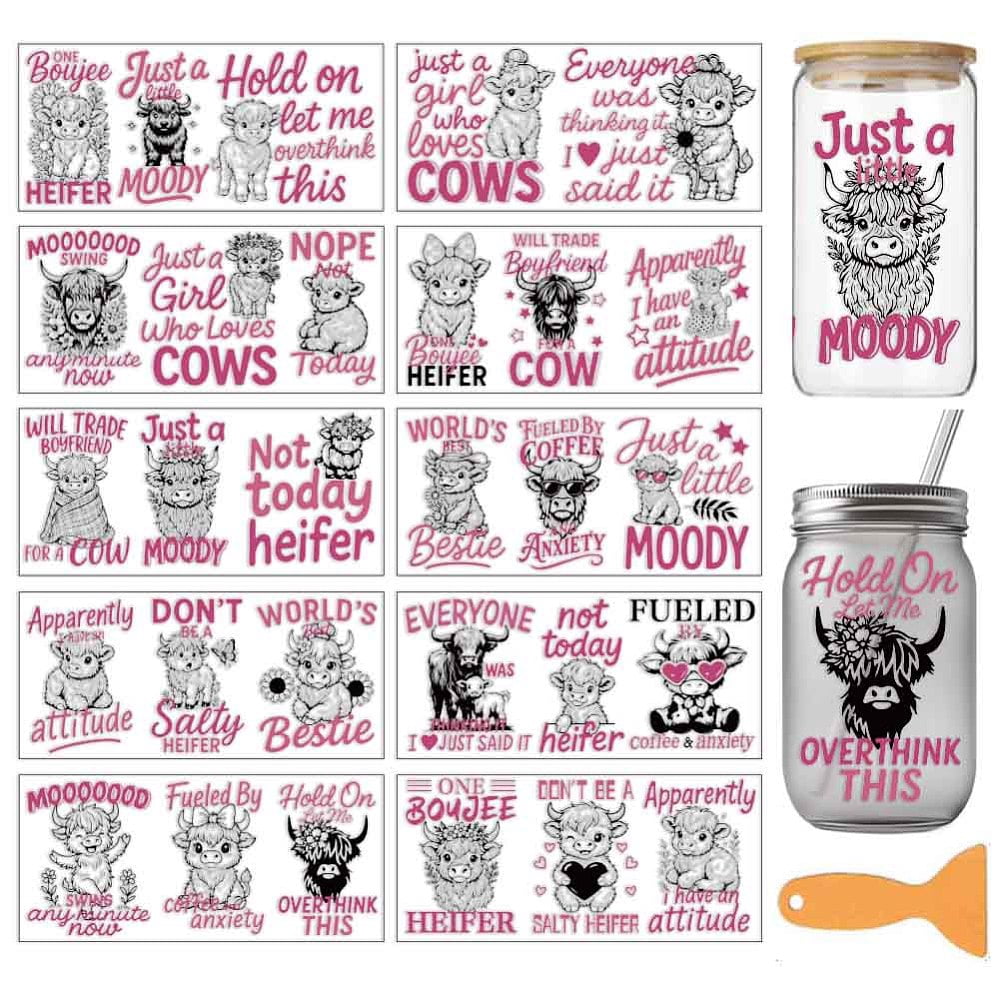 10 Sheets Highland Cattle Theme UV DTF Cup Wraps 10 Styles Cows and ...