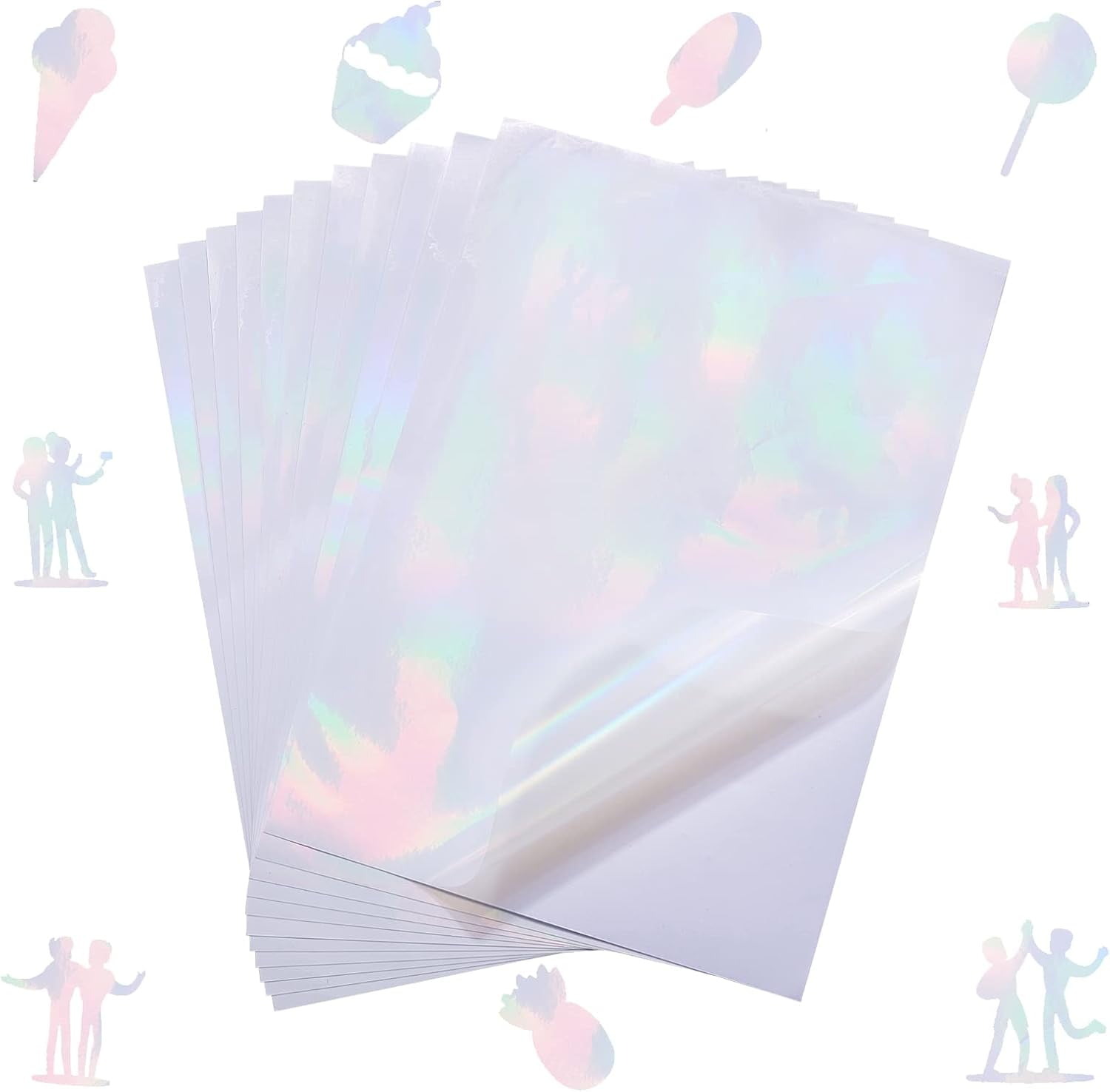 10 Sheets Holographic Vinyl sheets, White Rectangle Sticker Paper ...