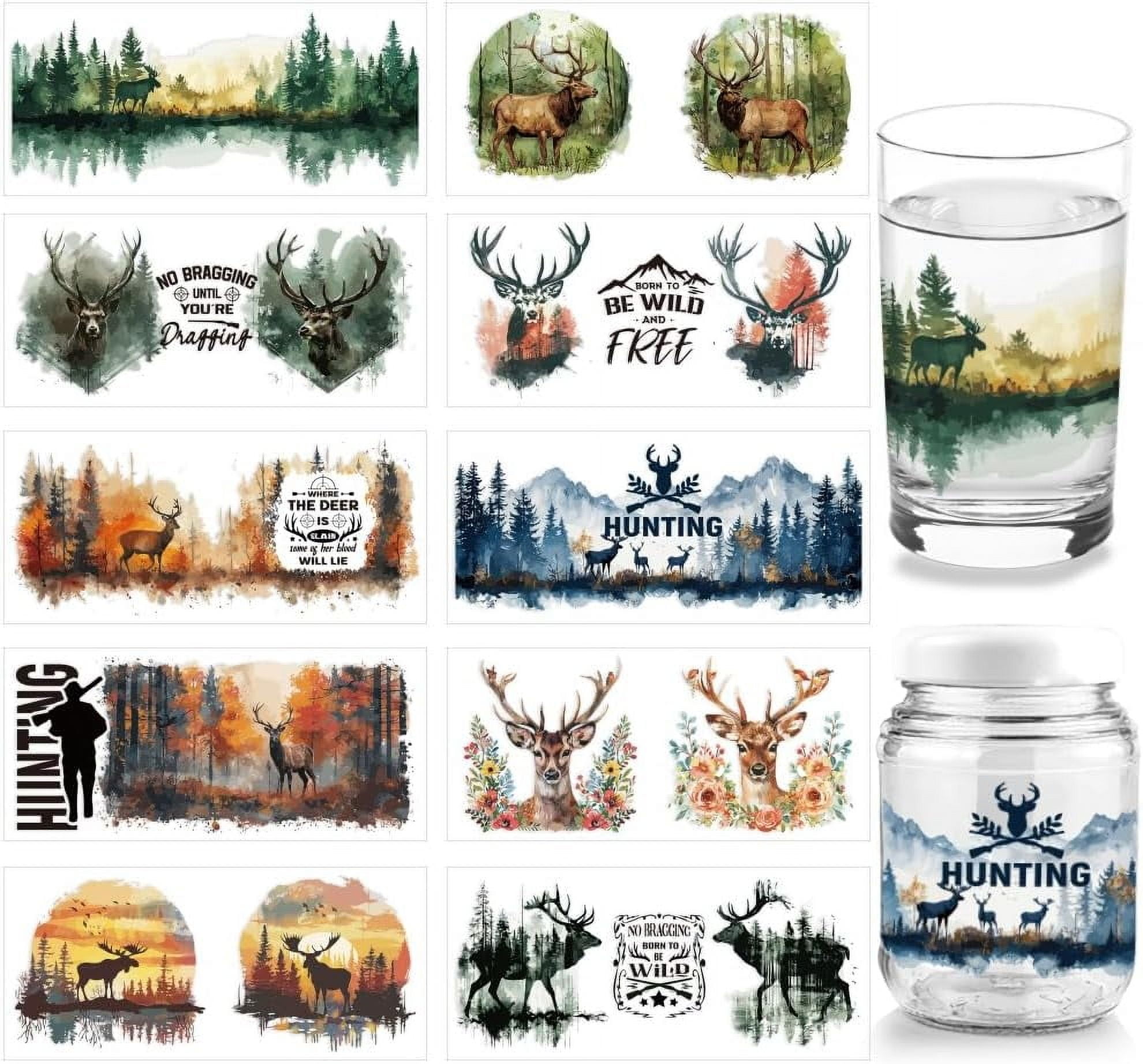 10 Sheets Hunting Deer Theme UV DTF Cup Wrap for 16OZ Glass Forest Lake ...