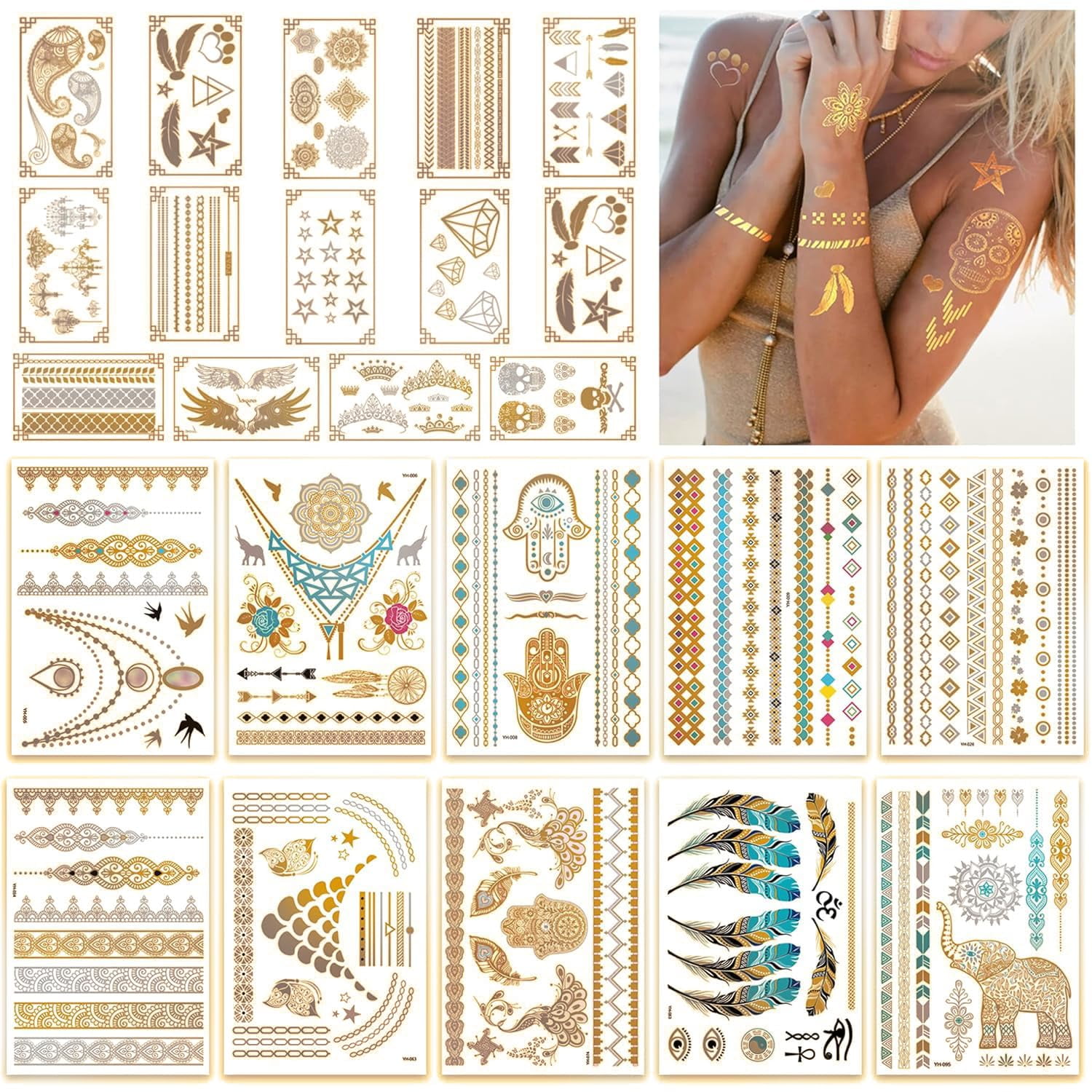 24 Sheets Gold Temporary Tattoos for Women Girls Adults - Over 300 ...