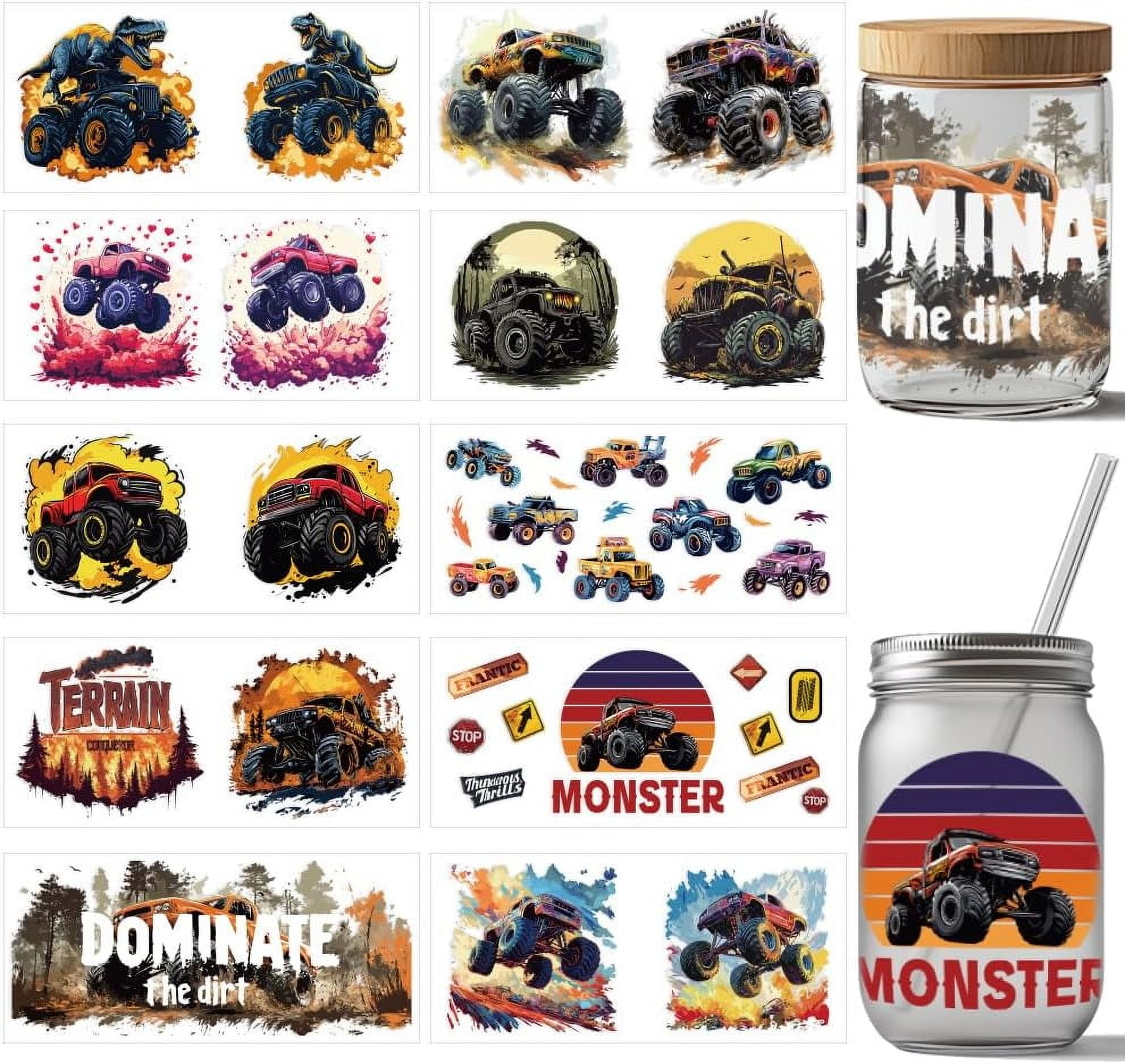 10 Sheets Monster Truck UV DTF Cup Wrap for 16OZ Glass Colorful ...