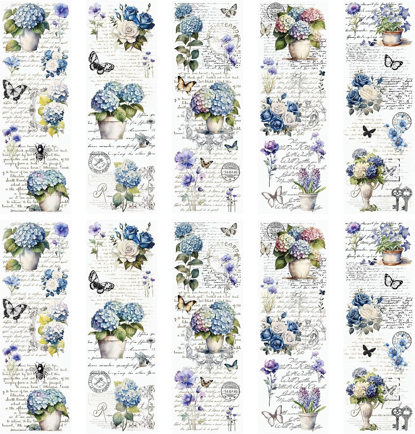 10 Sheets Rub On Transfer Stickers Vintage Blue Floral Decals ...