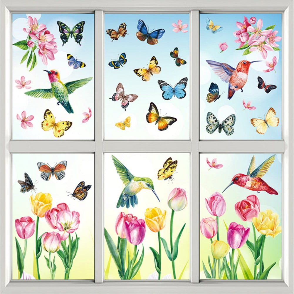 10 Sheets Spring Flower Window Clings, Removable Butterfly Hummingbird ...