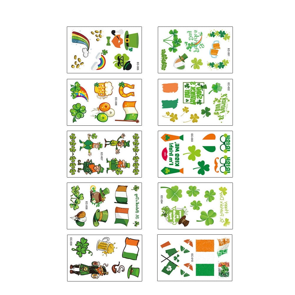 10 Sheets St. Patricks Day Temporary Tattoos Waterproof Shamrock ...