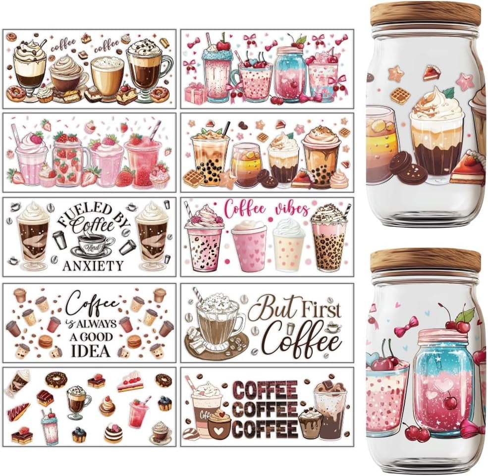 10 Sheets Transfers Stickers Rub on Transfers Drink Patterns UV DTF Cup ...