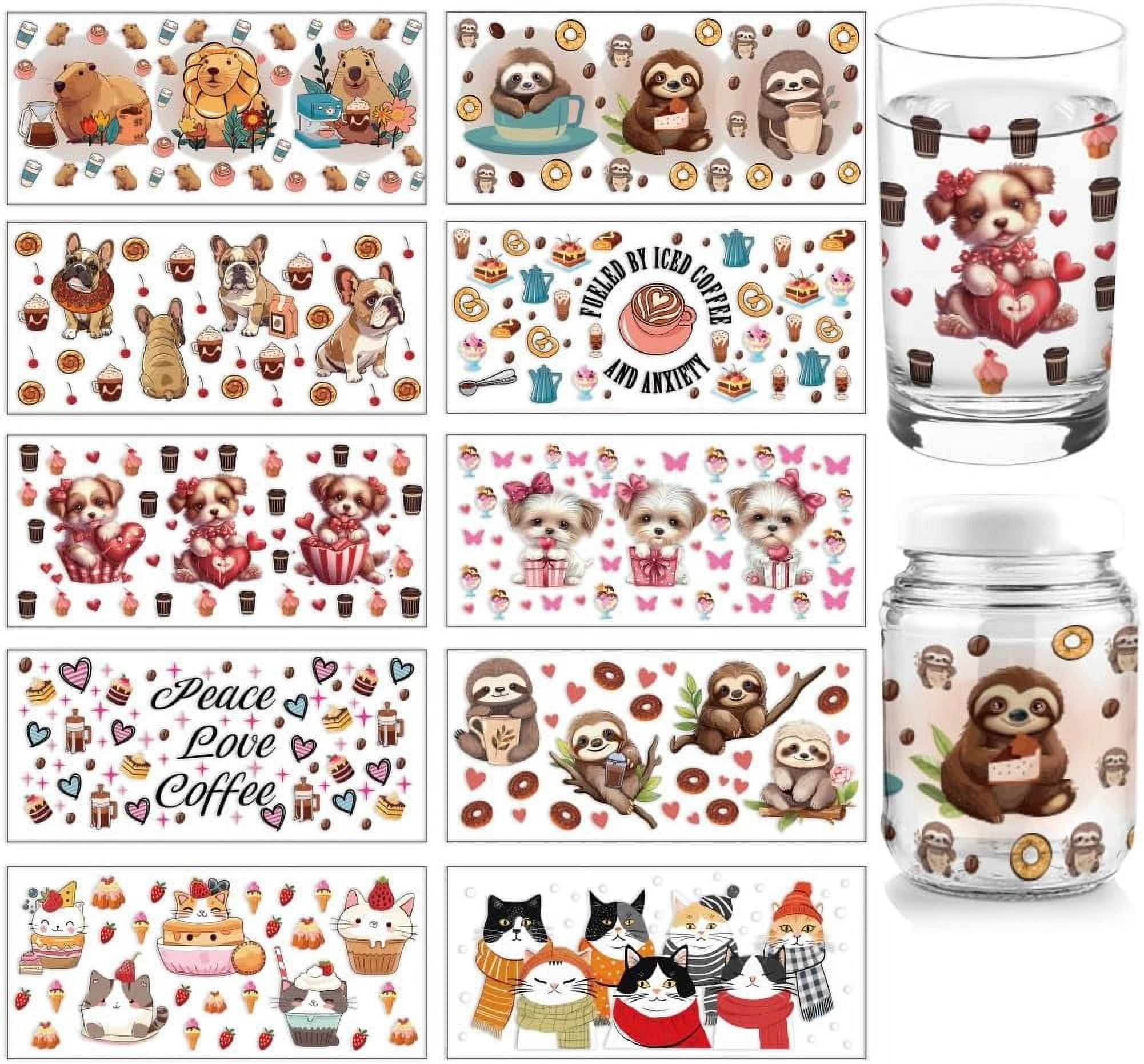 10 Sheets UV DTF Cup Wrap 10 Styles Dessert Cat Dog Capybara Animal Rub ...