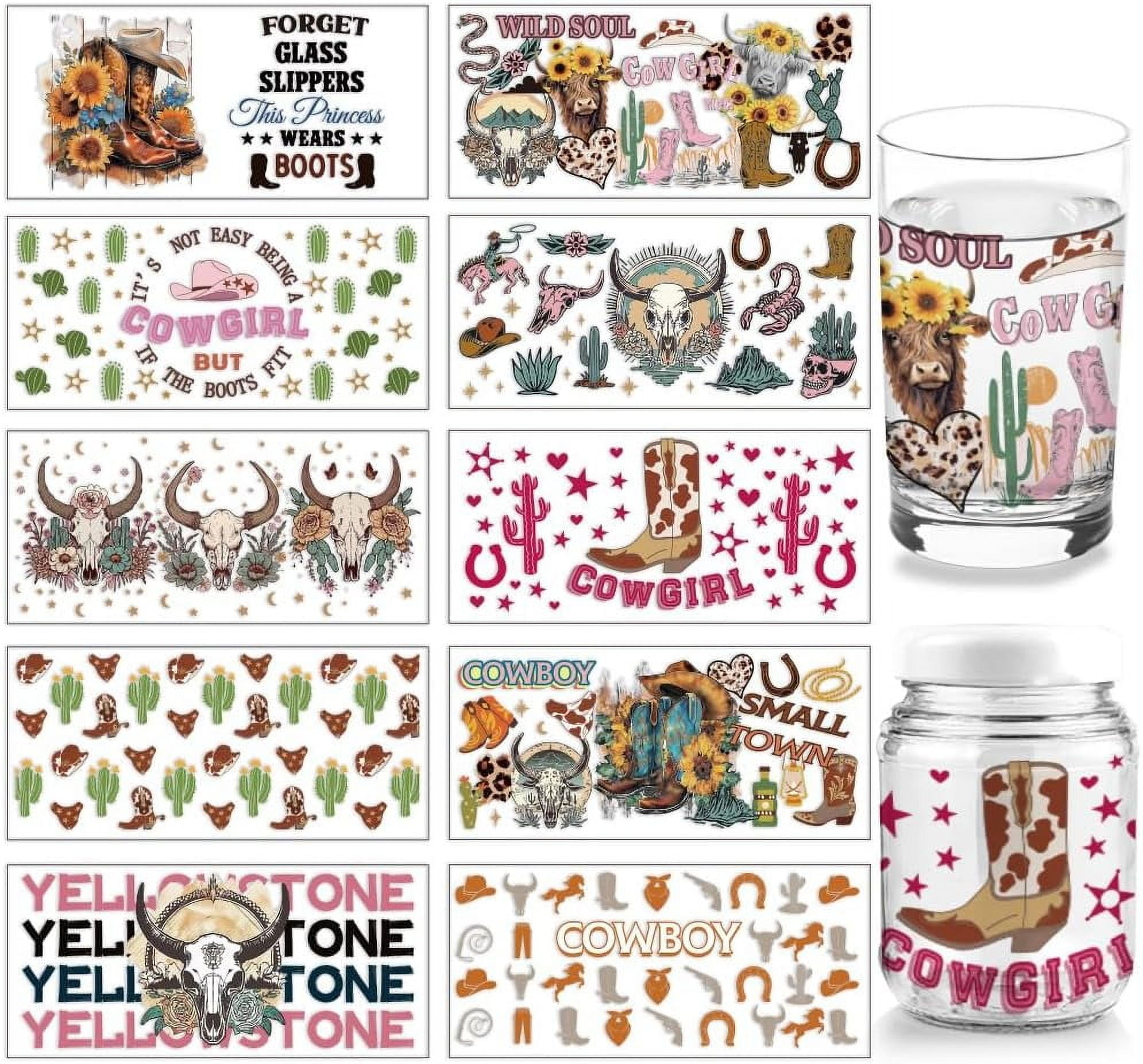 10 Sheets UV DTF Cup Wrap 10 Styles West Theme Cowboy Boots Cow Rub on ...