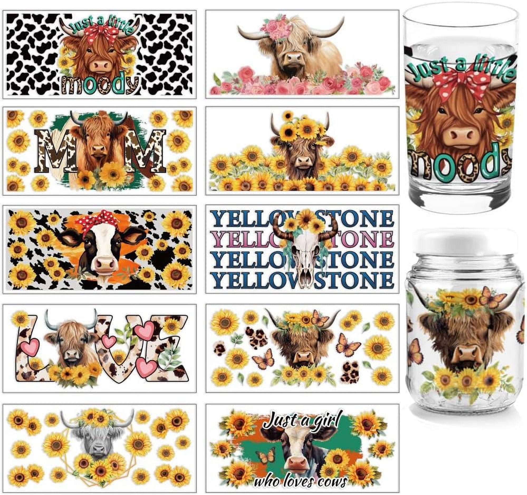 10 Sheets UV DTF Cup Wrap 10 Styles Colorful Cow Sunflowers Words Rub ...