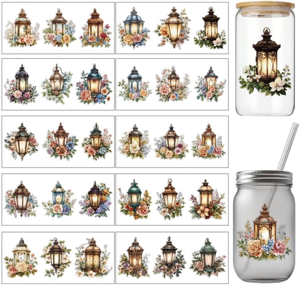10 Sheets UV DTF Cup Wrap Transfer Sticker Rose Retro Lantern Flower ...