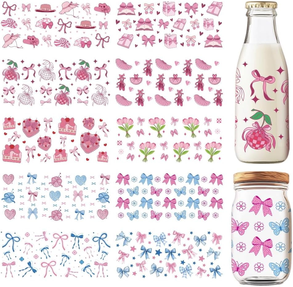 10 Sheets UV DTF Cup Wrap Transfer Stickers Pink Blue Bows Rub on ...
