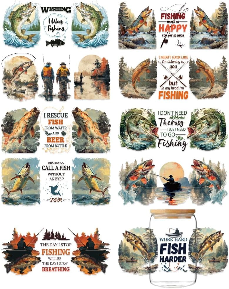 10 Sheets UV DTF Cup Wraps 10 Styles Cartoon Rub on Decals Fishing Make ...