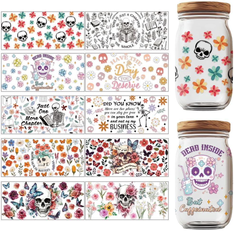 10 Sheets UV DTF Cup Wraps 10 Styles Skeleton Flower Printed UV DTF Cup ...