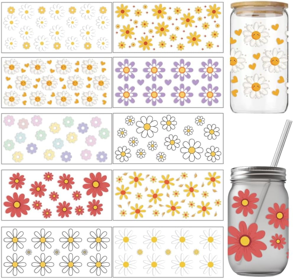 10 Sheets UV DTF Cup Wraps for 16 OZ Glass Cups 10 Styles Daisies ...