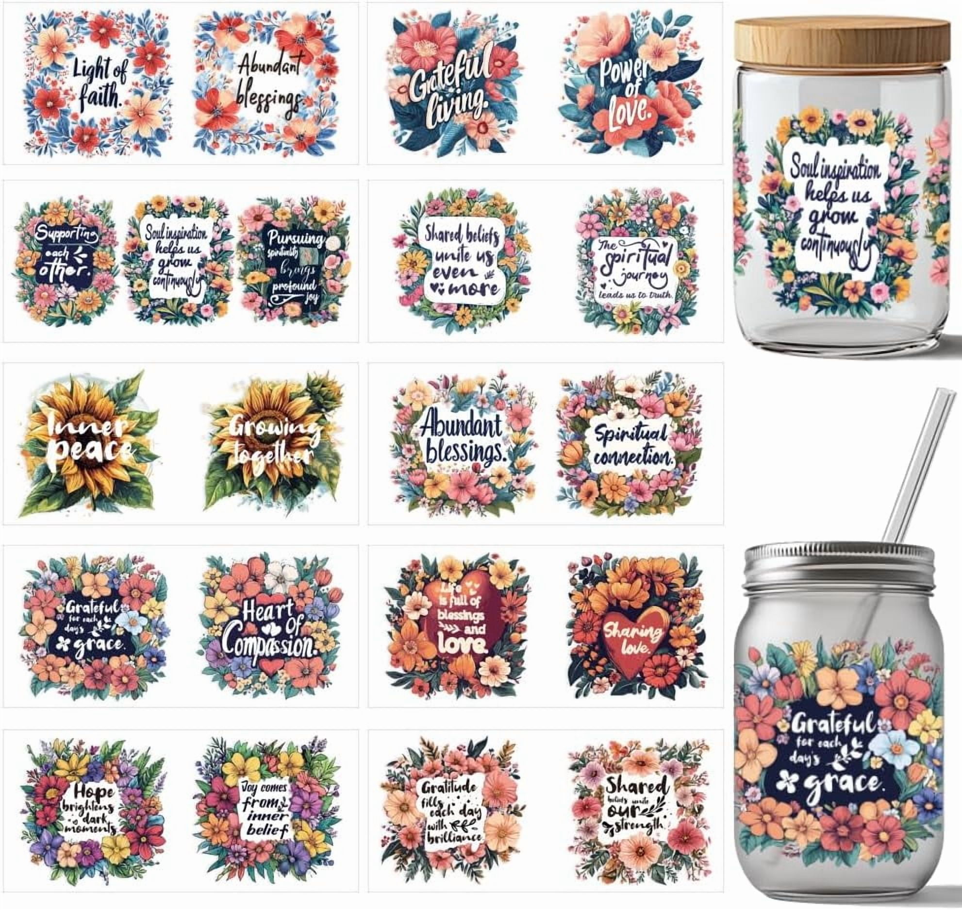 10 Sheets UV DTF Cup Wraps for 16 OZ Glass Cups 10 Styles Retro Flowers ...