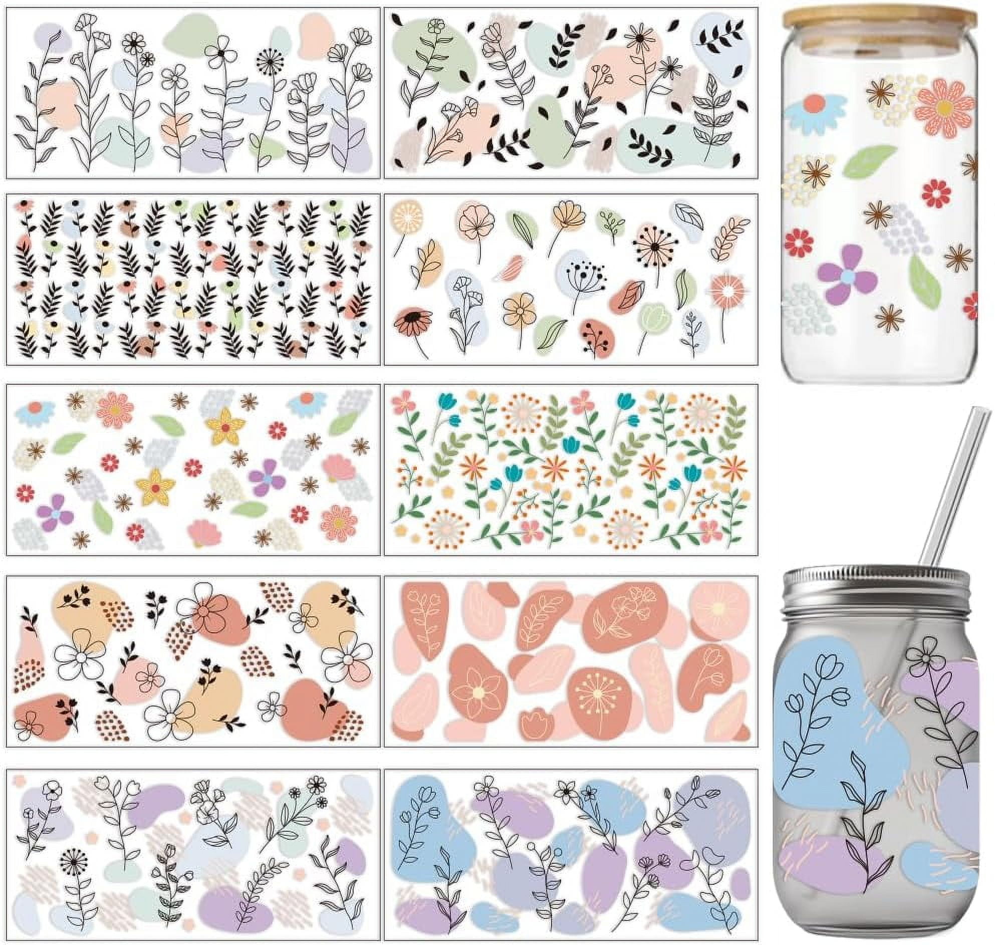 10 Sheets UV DTF Cup Wraps for 16 OZ Glass Cups 10 Styles Wildflowers ...