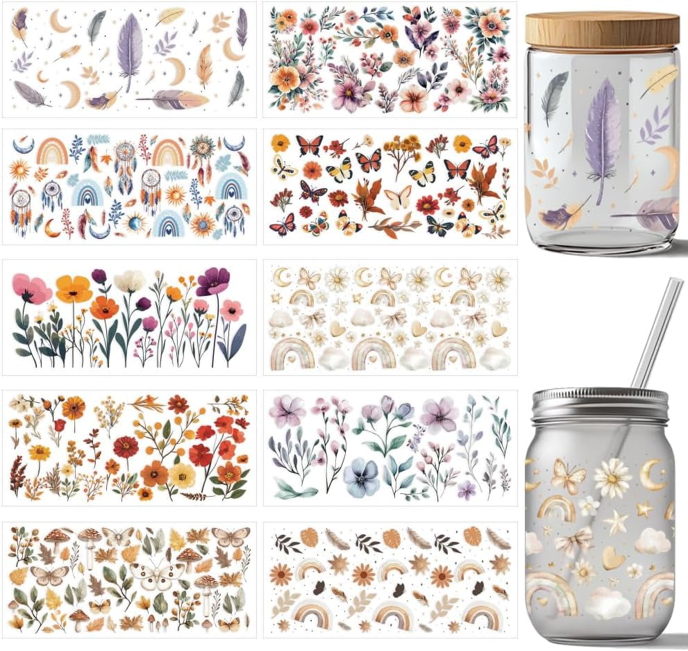 10 Sheets UV DTF Cup Wraps for 16 OZ Glass Cups 10 Styles Boho Rainbow ...