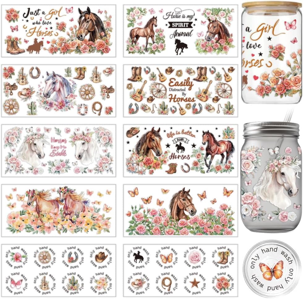 10 Sheets UV DTF Cup Wraps DIY for 16 OZ Glass Cups 10 Styles Horse ...