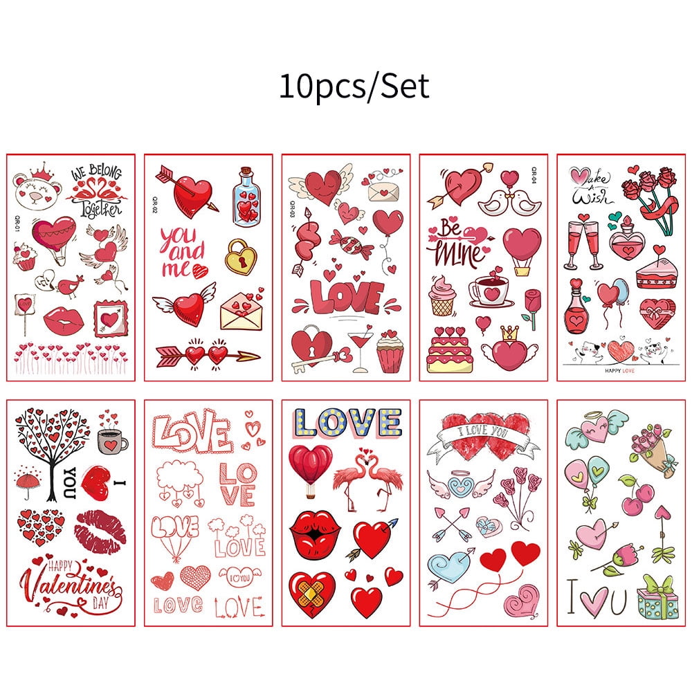 10 Sheets Waterproof Temporary for Valentine's Day Body Decor Heart ...