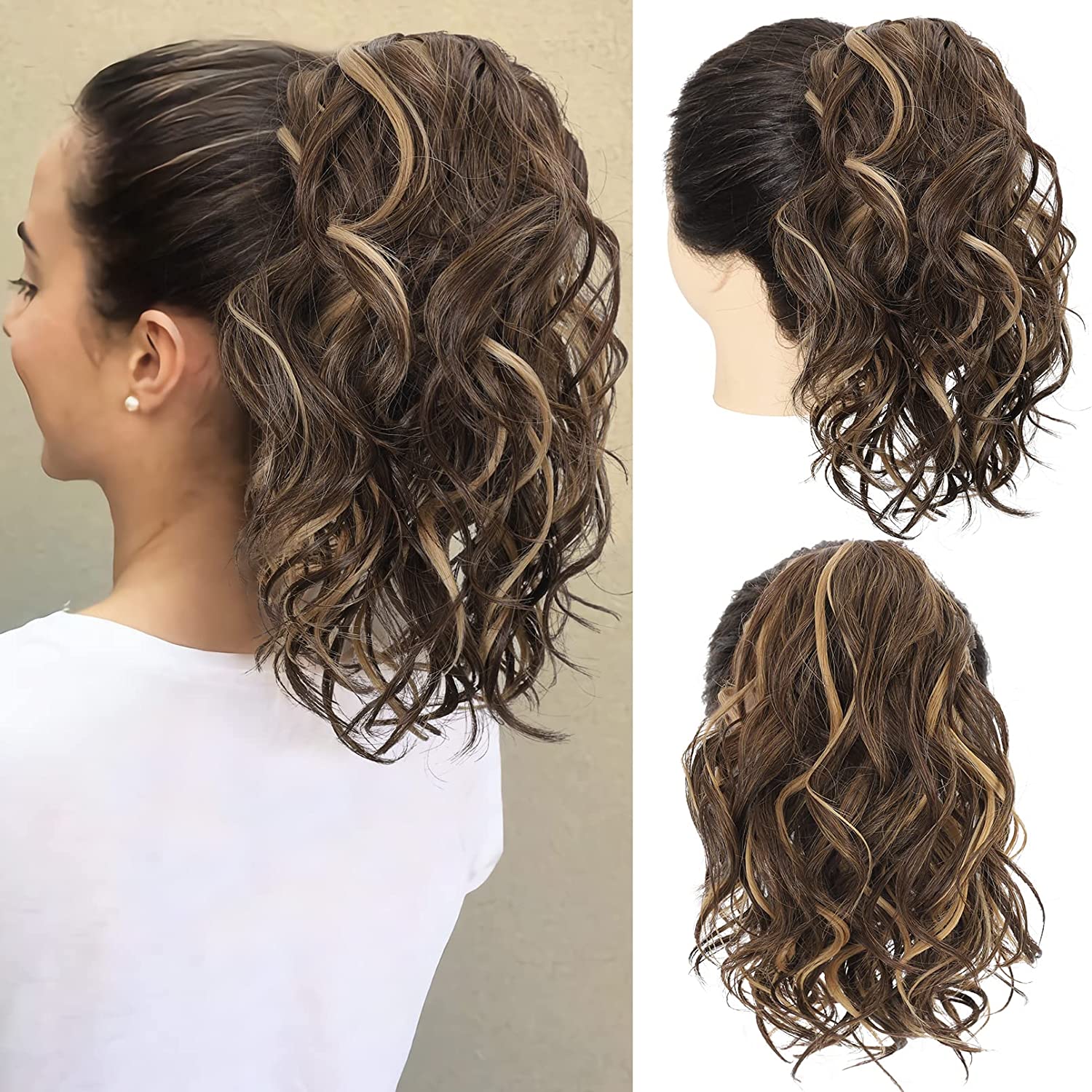 10" Short Claw Highlight Ponytail Extension Wavy Curly Thick Jaw Clip ...