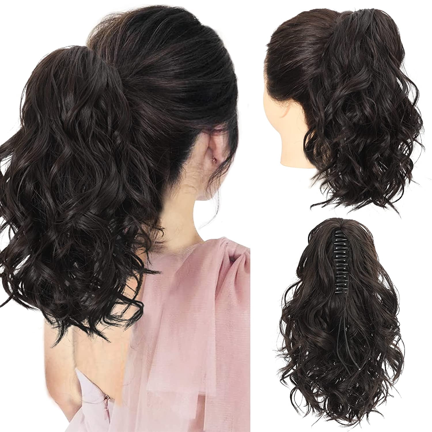 10" Short Claw Highlight Ponytail Extension Wavy Curly Thick Jaw Clip ...