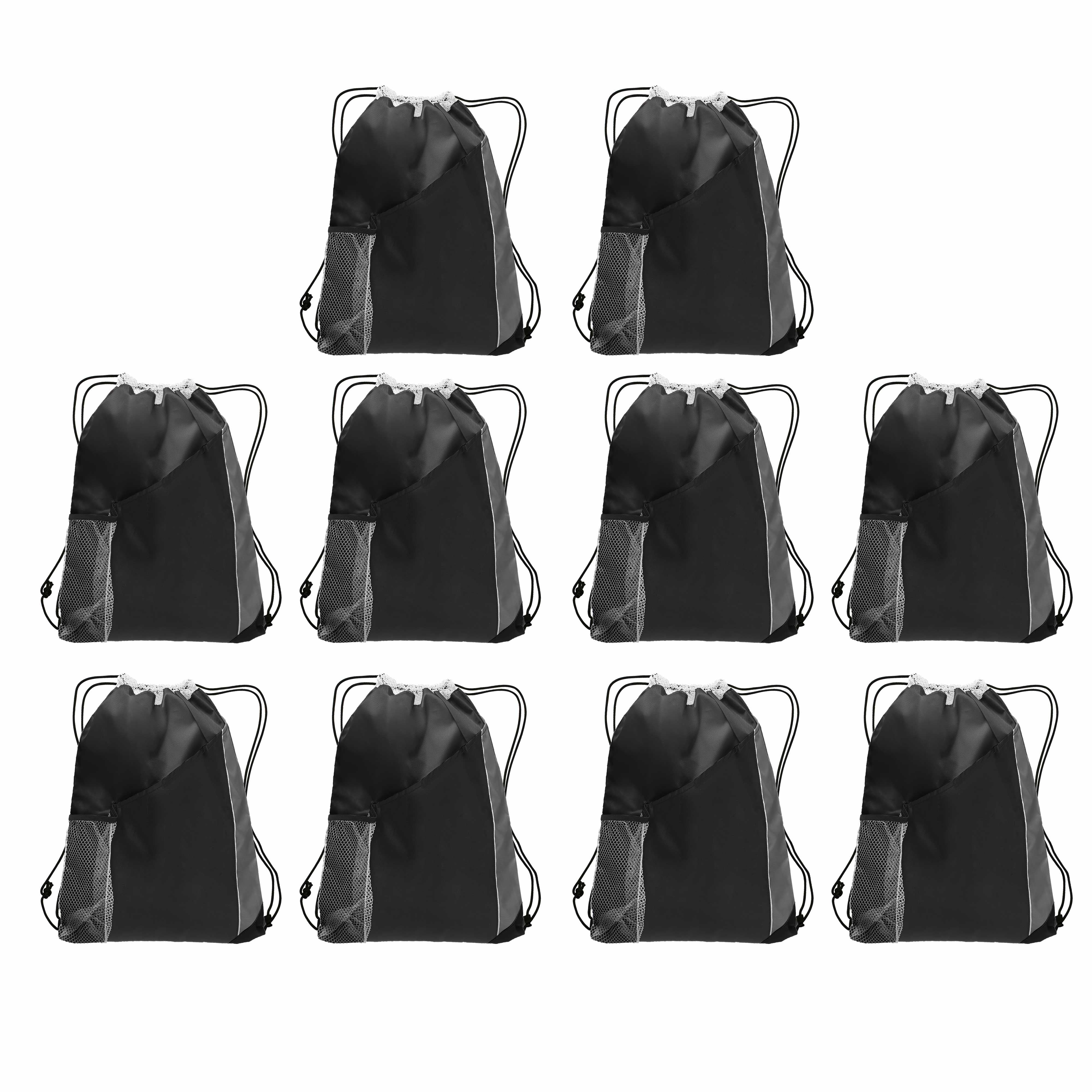 10 Side Mesh Pockets Drawstring Backpacks Set - Tri Color, Front Pocket ...