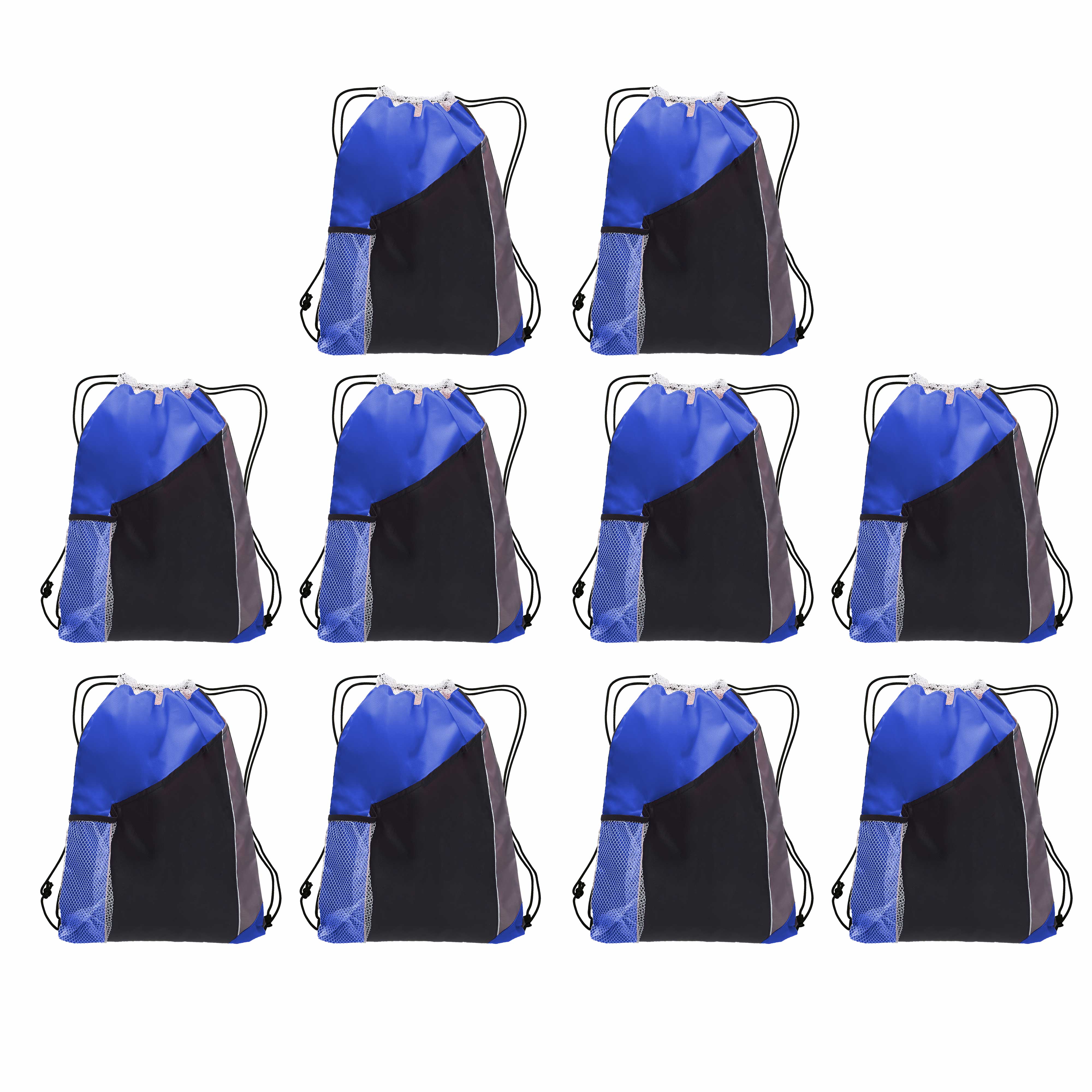 10 Side Mesh Pockets Drawstring Backpacks Set - Tri Color, Front Pocket, Side Mesh - Blue ...