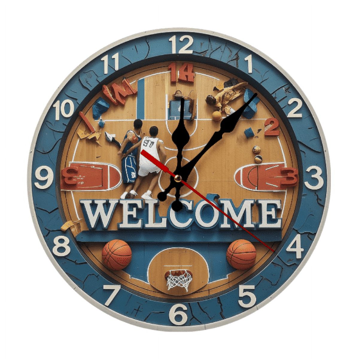 10" Silent Wooden Wall Clock - Basketball Court Theme with "WELCOME ...