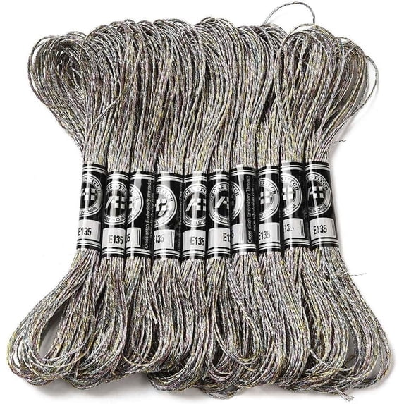 10 Skeins Grey Polyester Embroidery Floss Metallic Shimmer Crewel ...