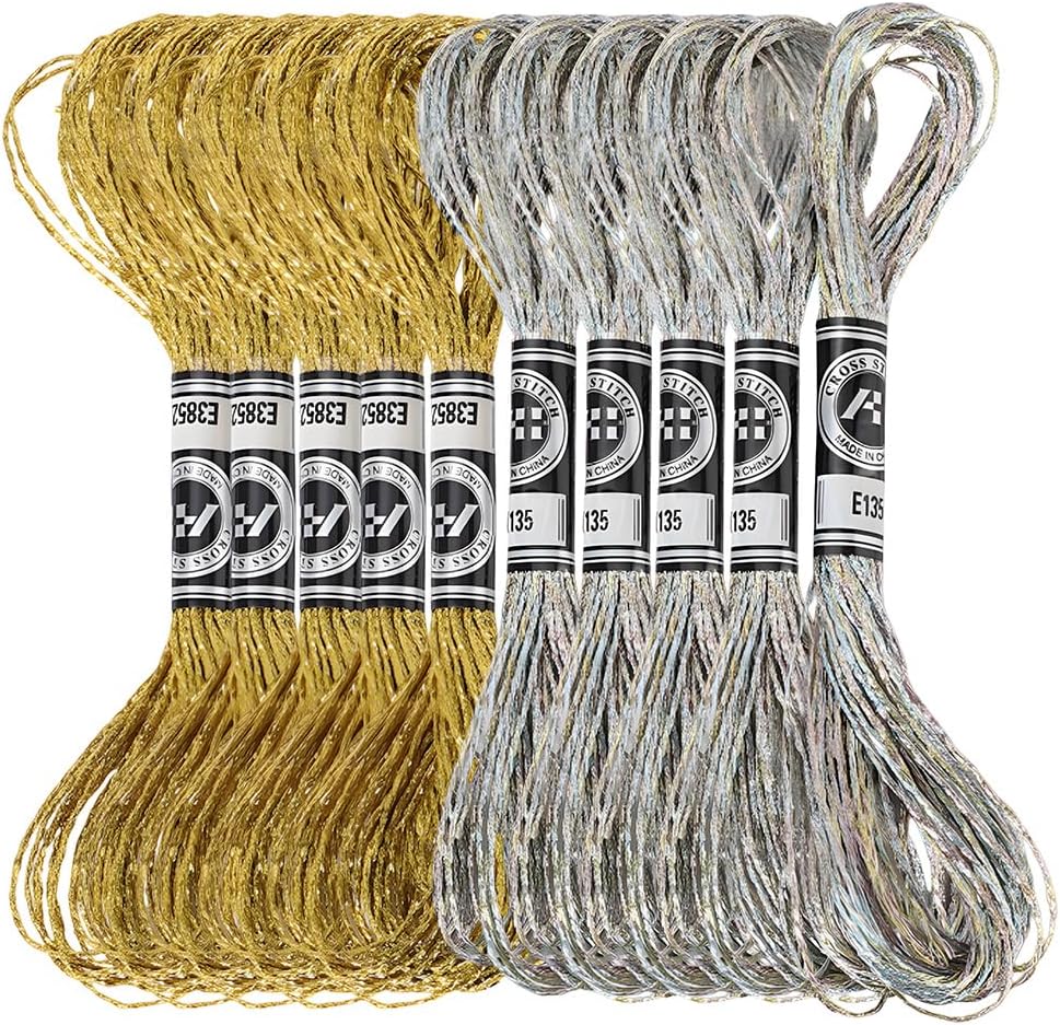 10 Skeins Metallic Embroidery Floss Silver Gold Glitter Stitch Tassel ...