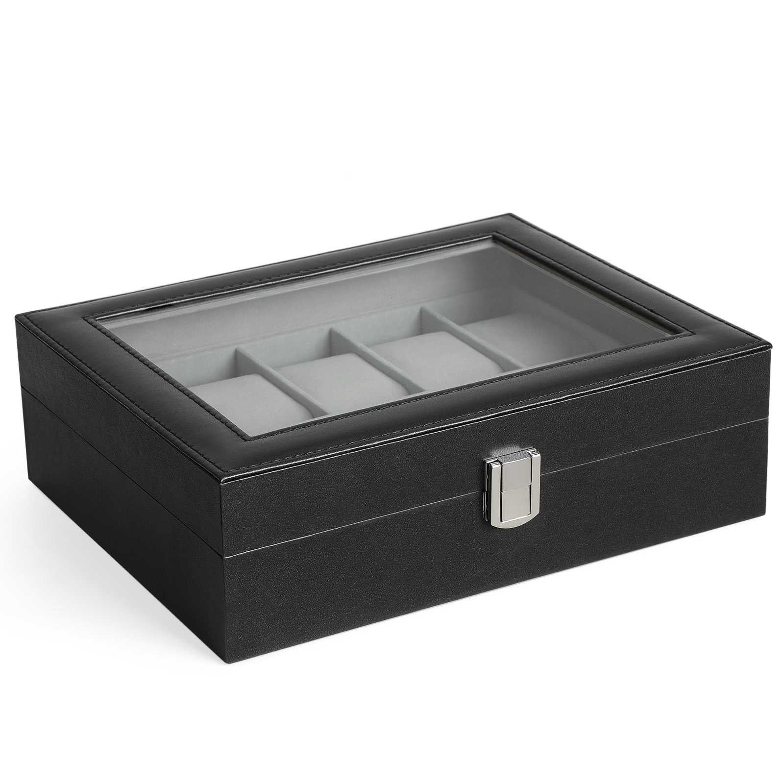 10-Slot Watch Box Organizer, Watch Case with Large Glass Lid, Removable ...