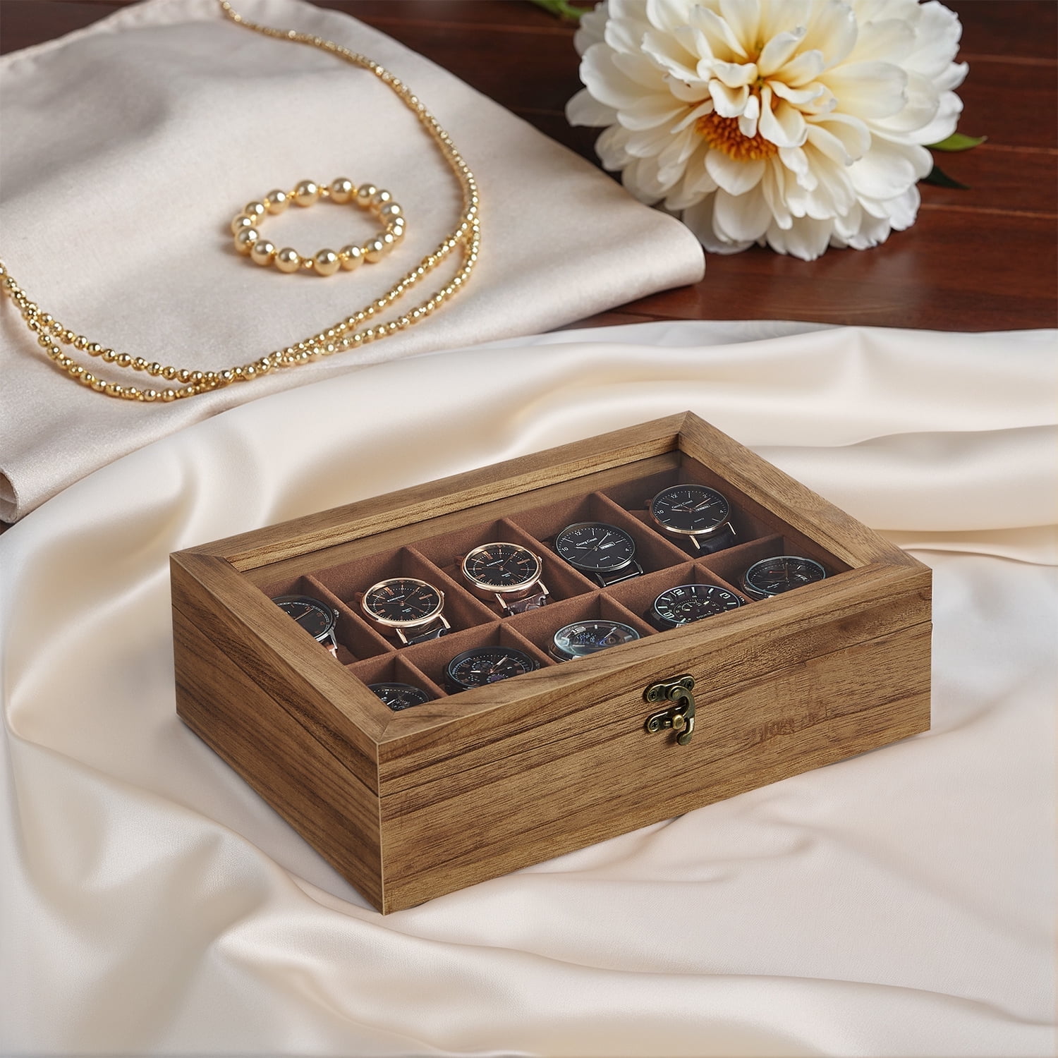 10-Slot Watch Box, Watch Display Case with Large Glass Lid, Velvet ...