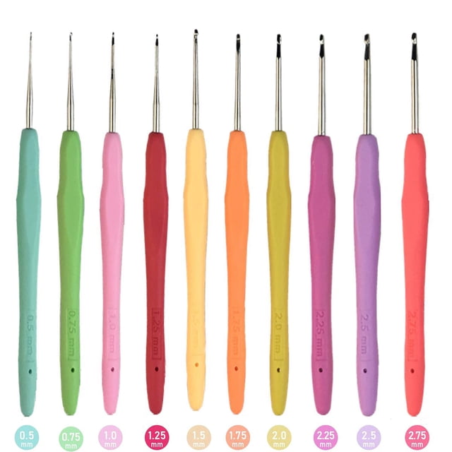 10 Small Sizes Crochet Hooks Set, 0.5mm - 2.75mm Ergonomic Soft Handle ...