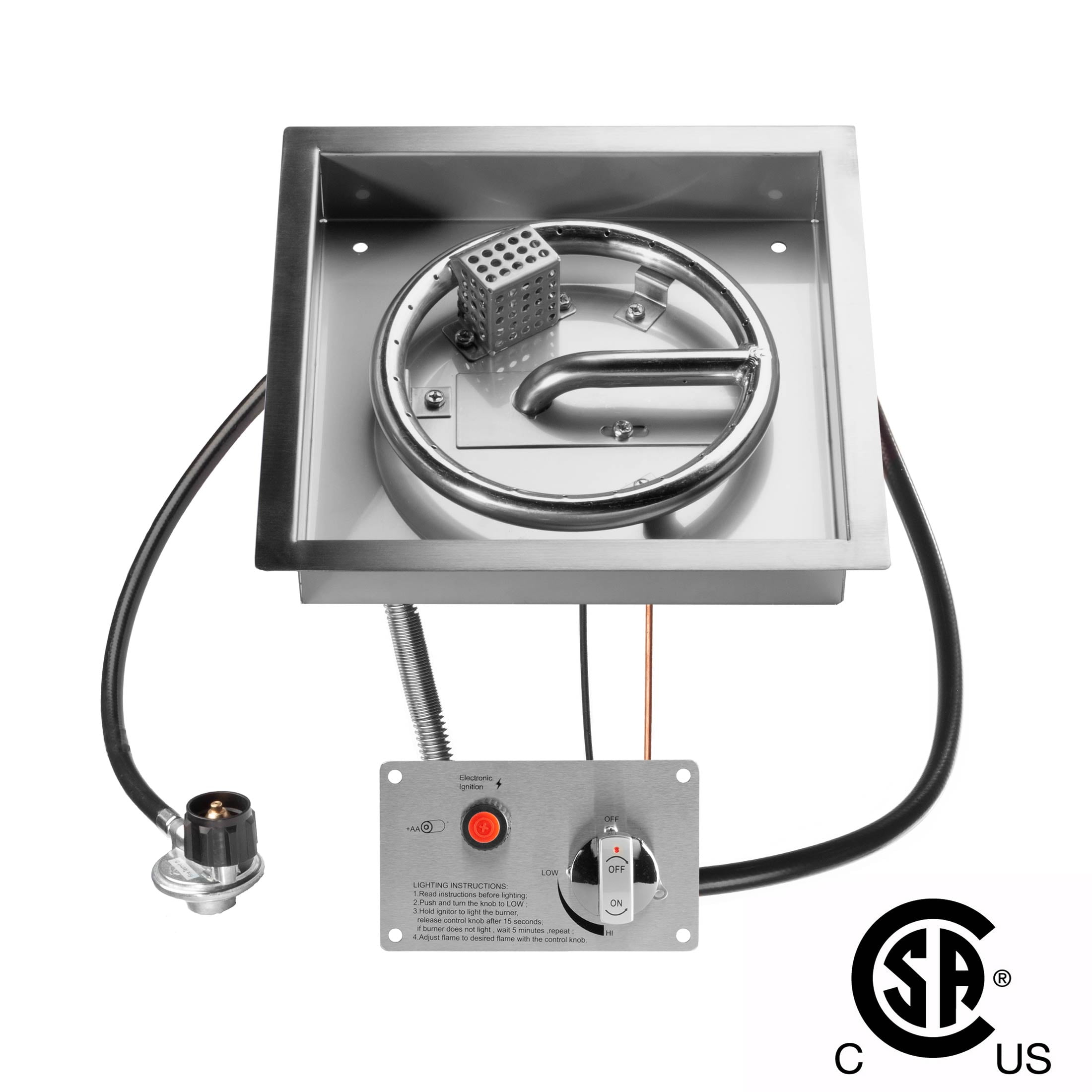10" Square CSA Certified Fire Pit Burner Kit, Stainless Steel, Propane ...