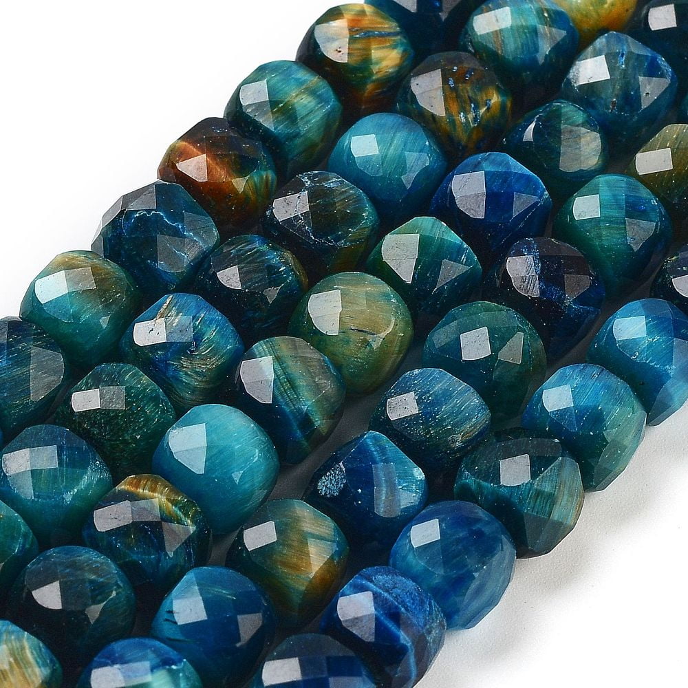 10 Strand Natural Tiger Eye Dyed Beads Strands Faceted Cube Dark Blue ...