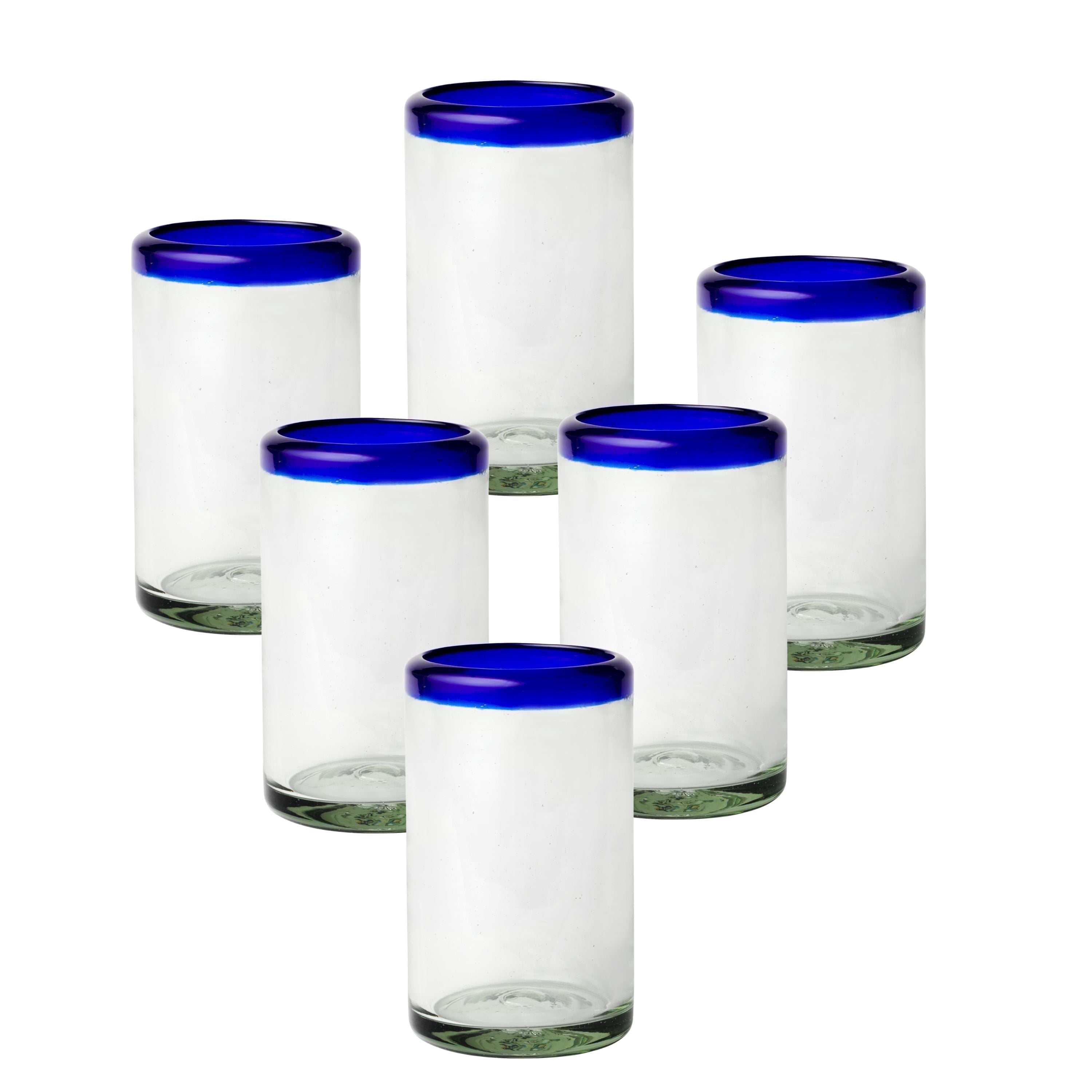 10 Strawberry Street Cobalt Rim Hiball Handblown Mexican Glass, Set of ...