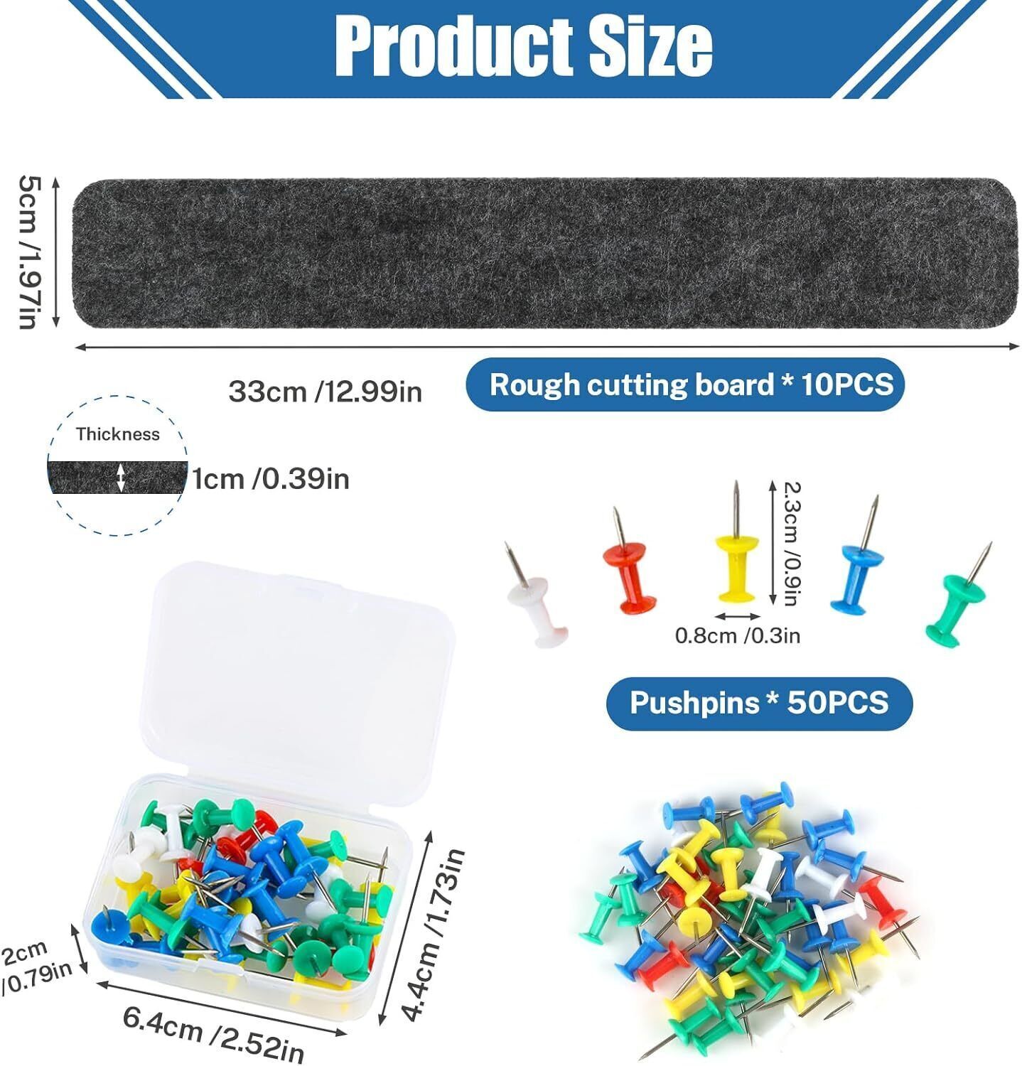 10 Strips Felt Bulletin Board Bar with 50Push Pins for Office Home,Self ...