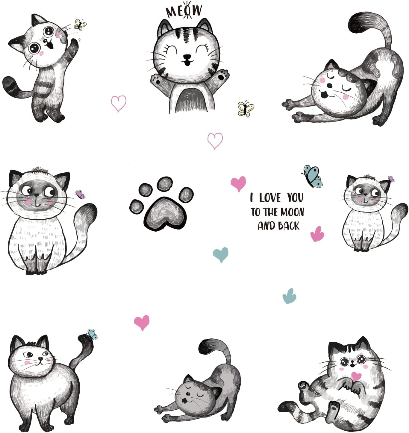 10 Style Cartoon Cats Wall Decals Cute Cat Bedroom Decor with Heart Paw ...