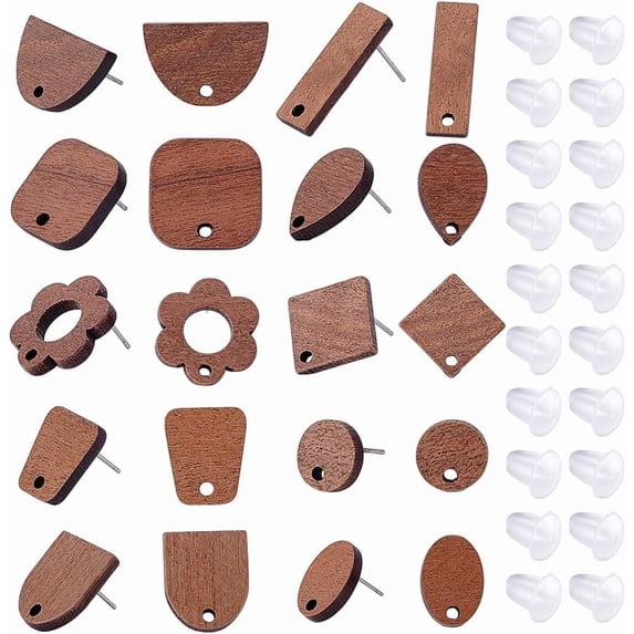10 Style Wooden Earring Stud Post 40Pcs Walnut Wooden Earring Findings ...