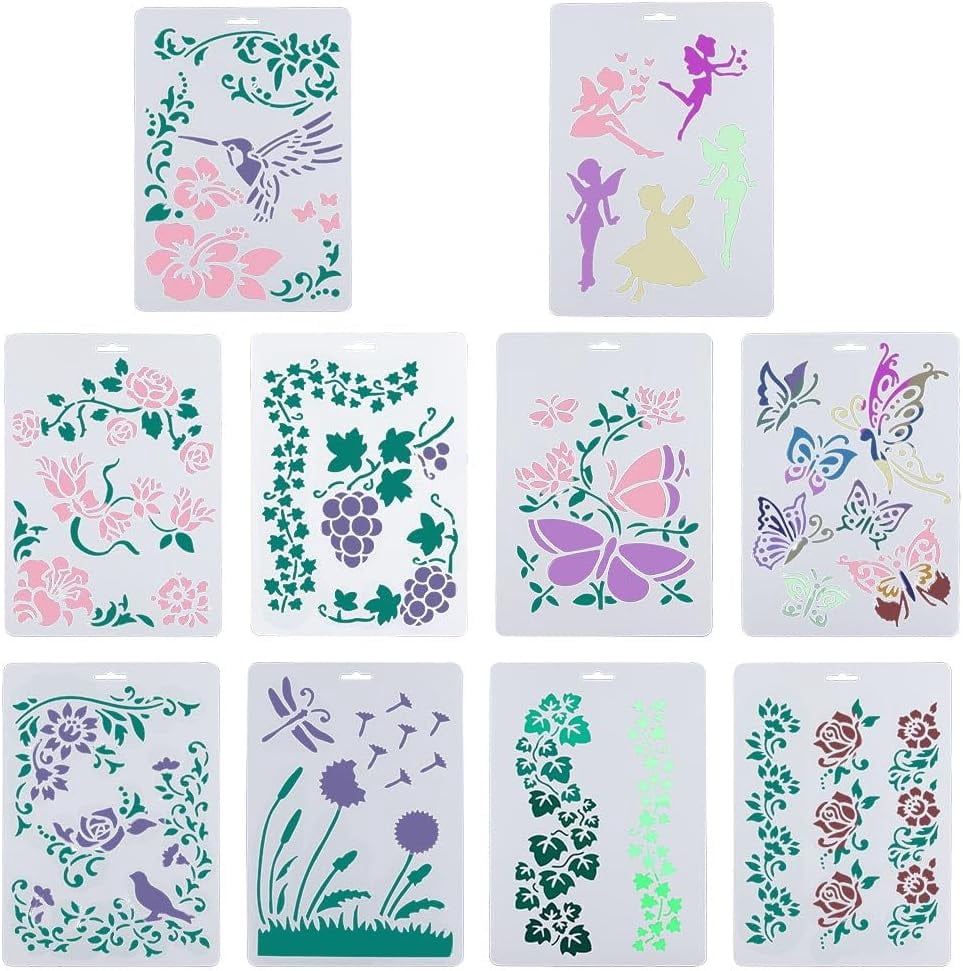 10 Styles 31x21cm Plastic Painting Stencils Flower Butterfly Templates ...