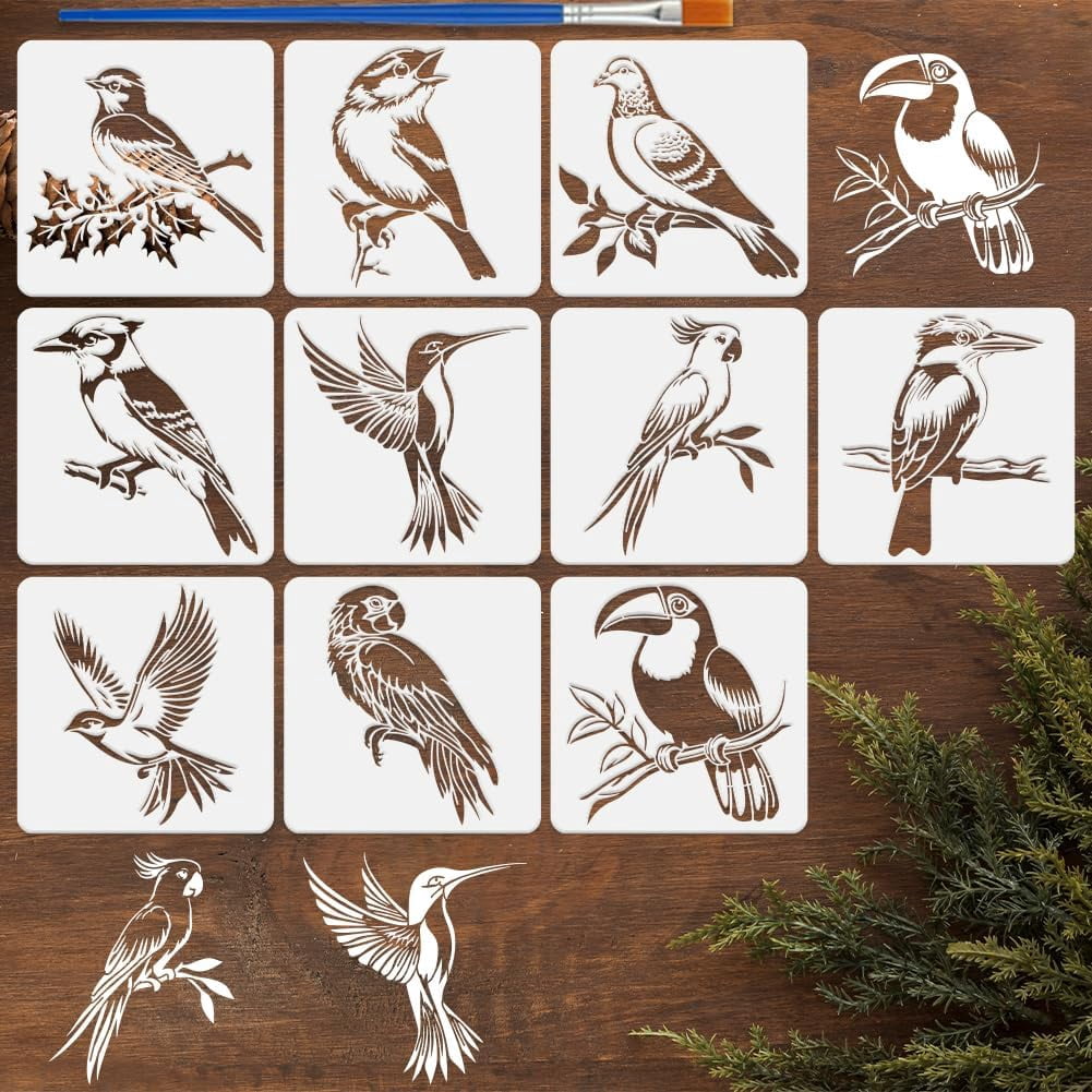 10 Styles Birds Pattern Stencil with a Brush 11.8x11.8Inch Various ...