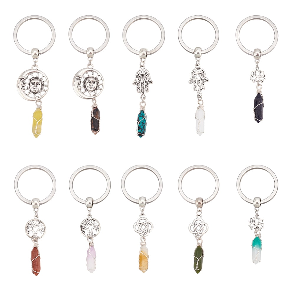 10 Styles Gemstone Pendant Keychain with Alloy Moon and Star Charm ...