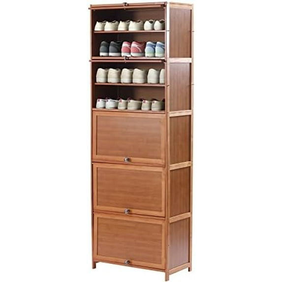 10-Tier Bamboo Shoe Cabinet with Flip Doors, Tall Shoe Storage Cabinet ...