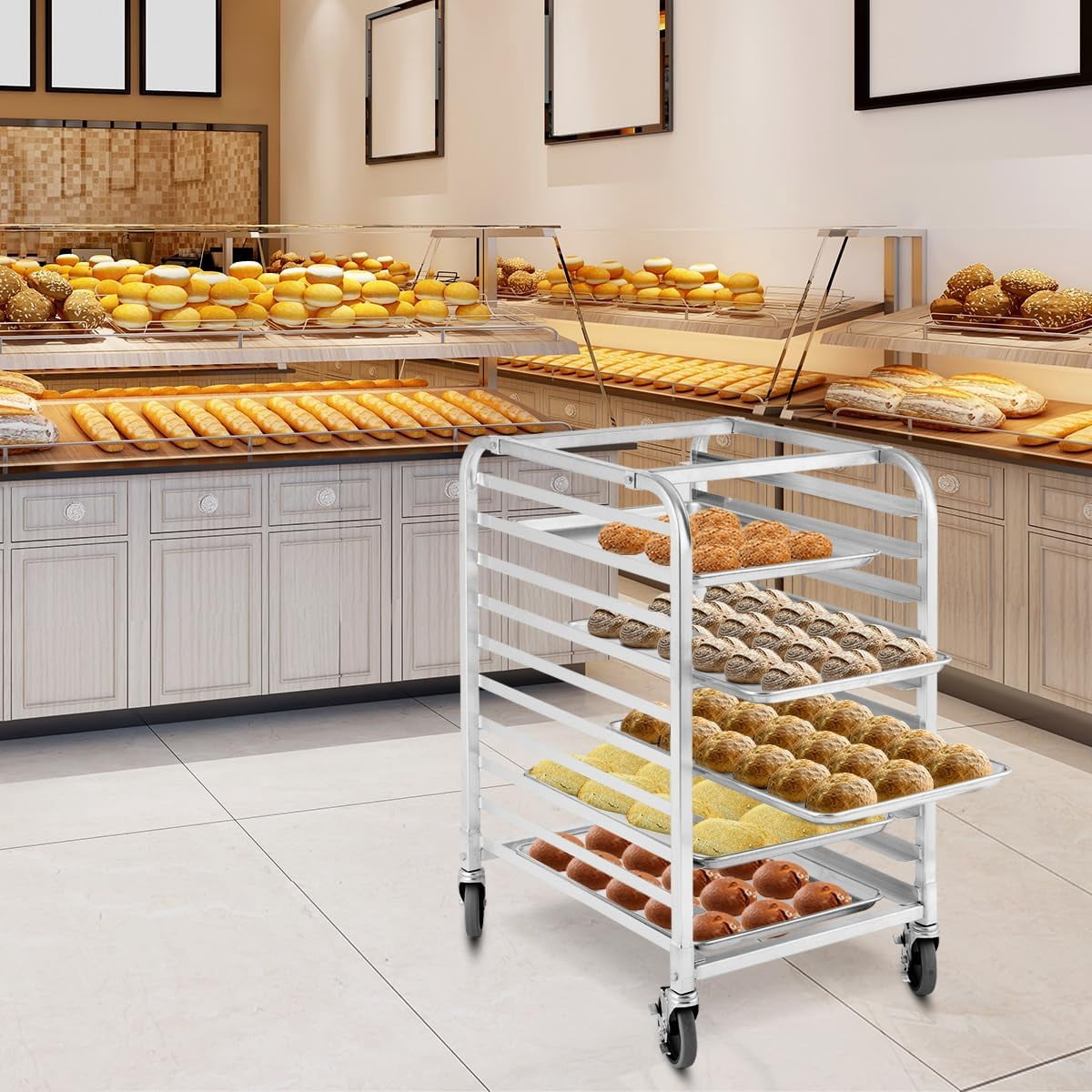 10 Tier Bun Pan Rack, Bakery Rack with 2 Lockable Wheels, 10 Sheet ...