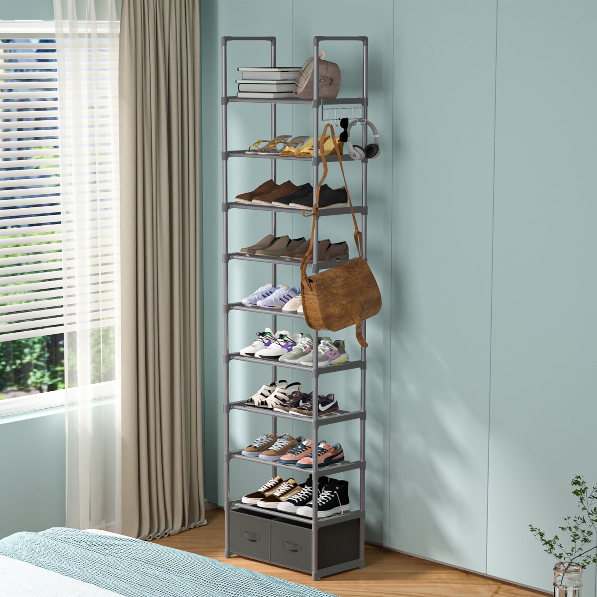 10 Tier Narrow Shoe Rack with 2 Bins and a hook, Save Space Slim Shoe ...