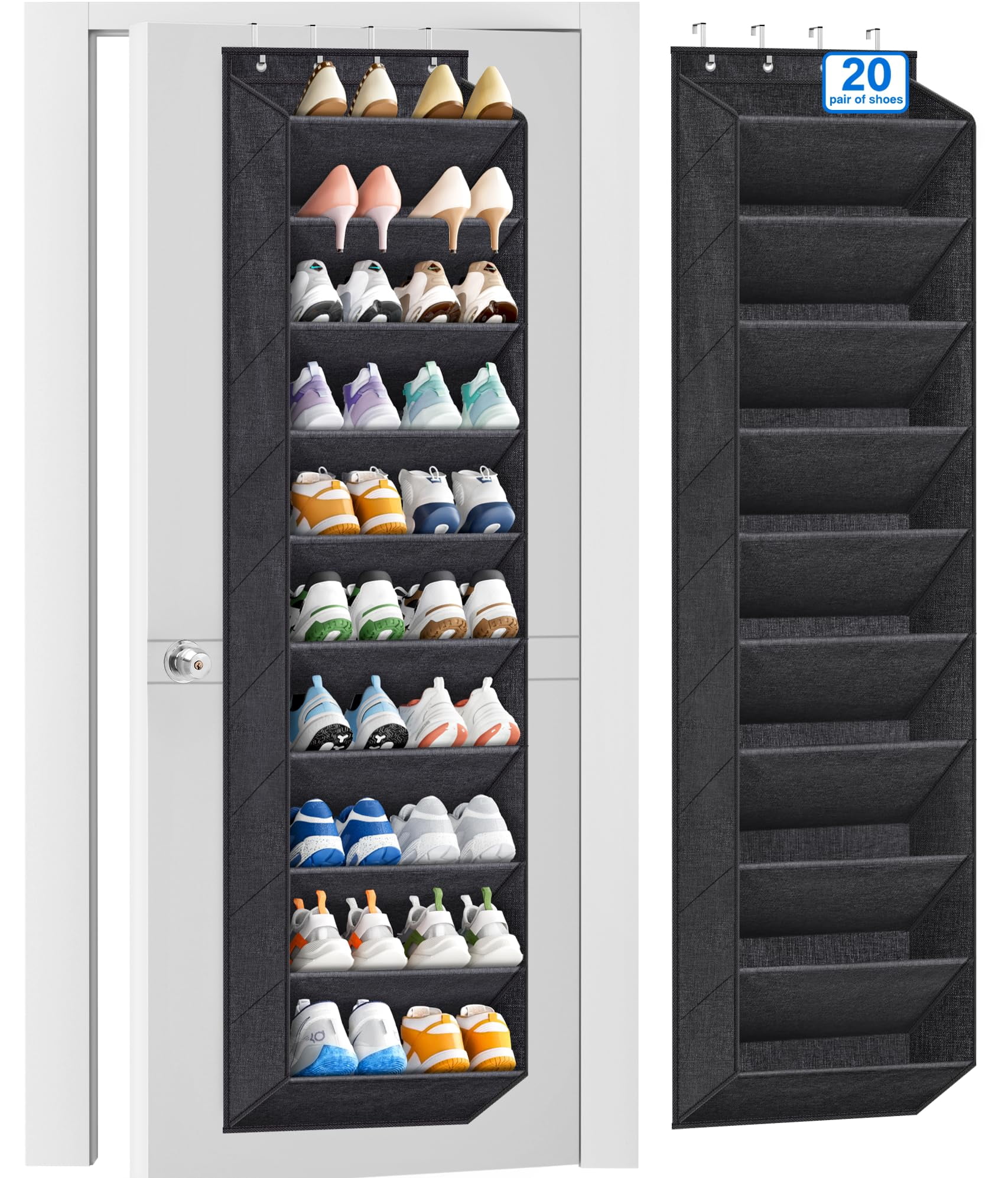 10 Tier Over The Door Shoe Organizer, Black, Hanging Rack For Closet ...