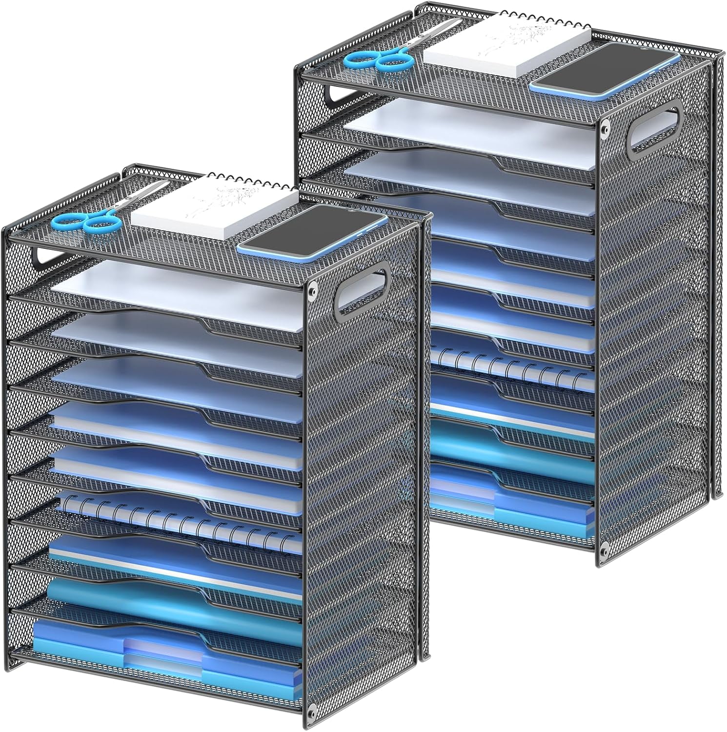 10 Tier Paper Organizer with Handles Letter Tray Mesh Desk File ...