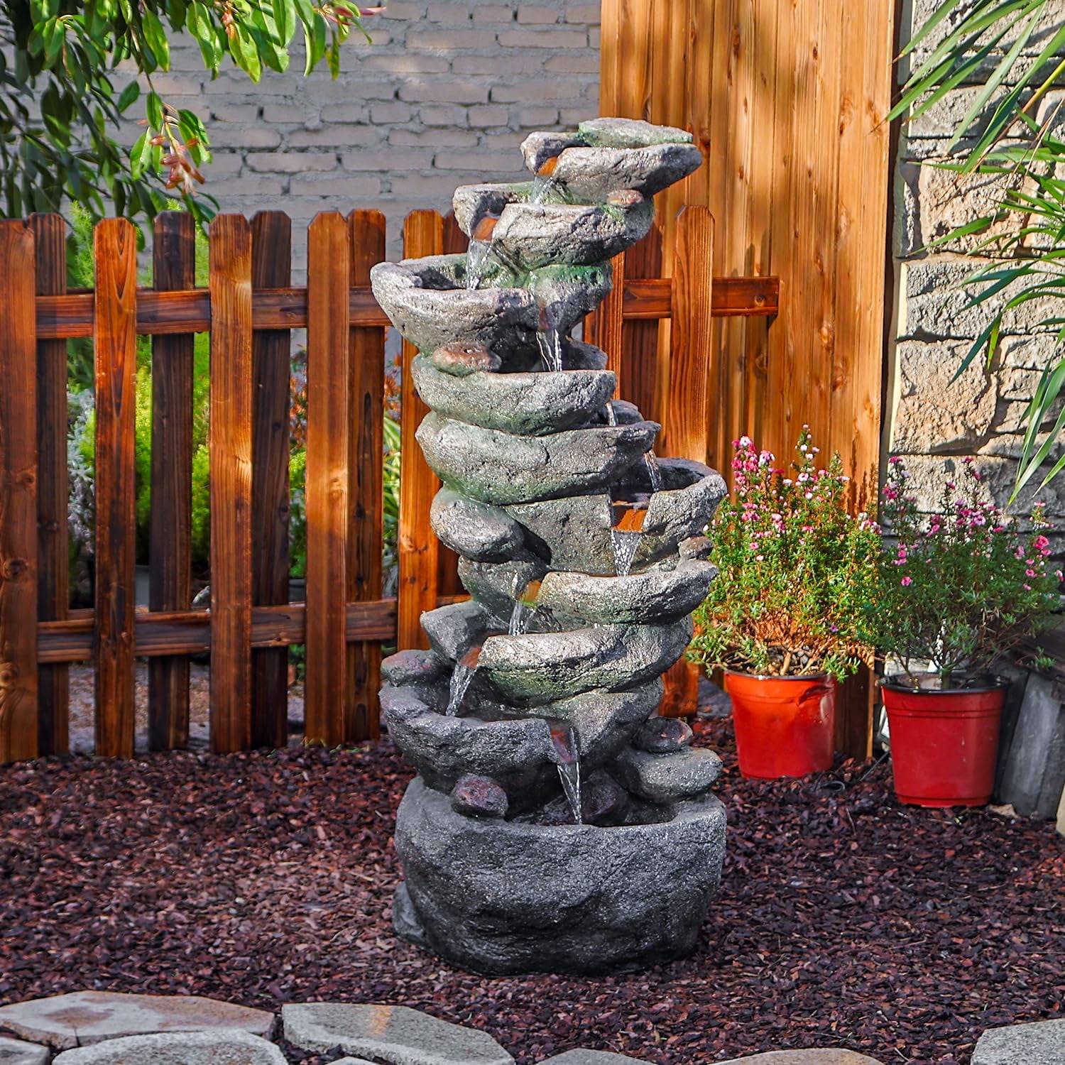 10 Tier Rock Waterfall Fountain Outdoor Garden Decor with LED Lights ...