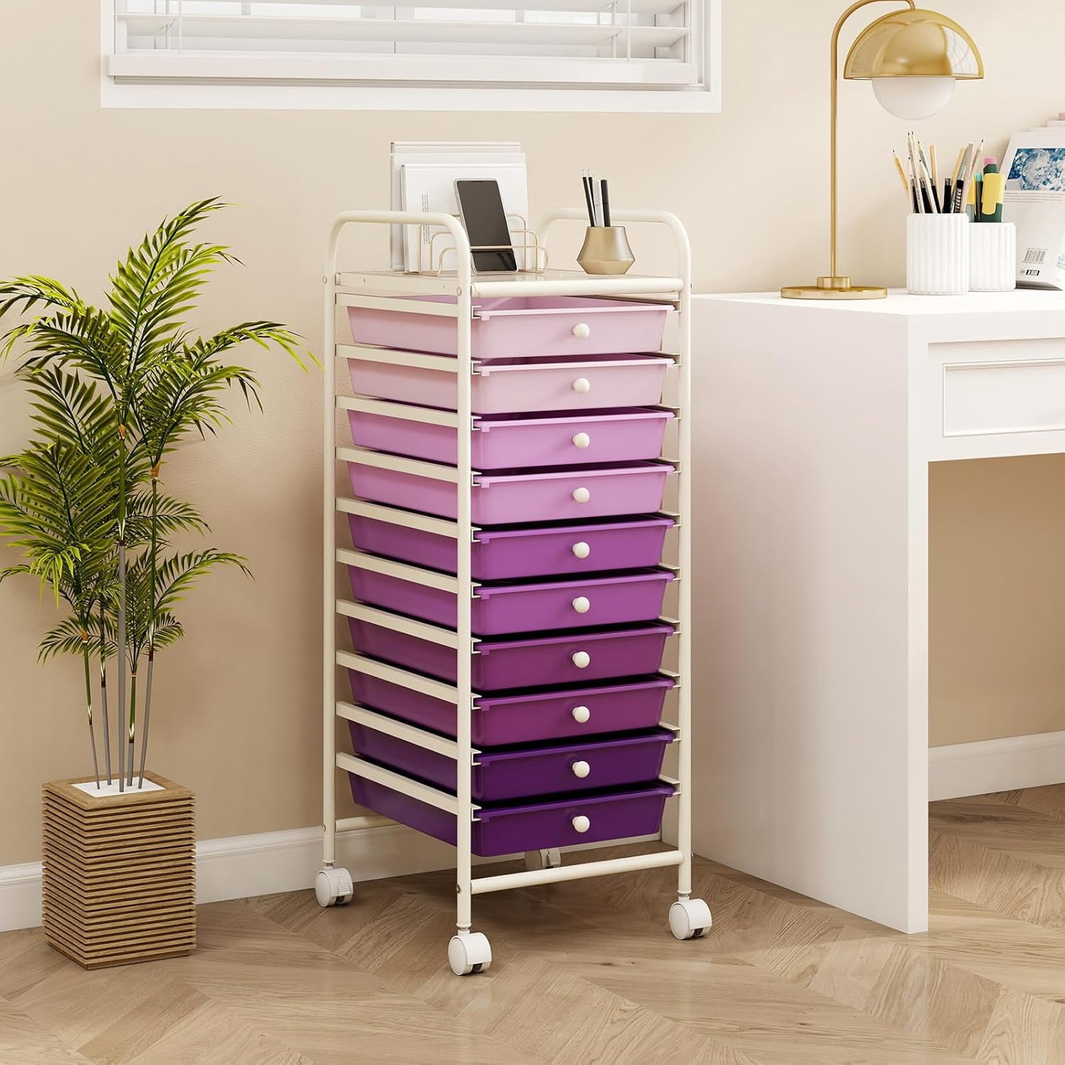 10-Tier Rolling Cart with Drawers, Storage Cart with Universal Wheel ...